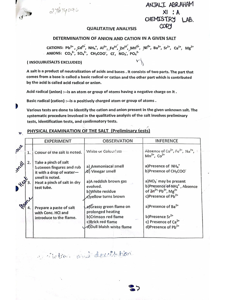 CHEMISTRY LAB- SALT ANALYSIS (CLASS XII) | PDF