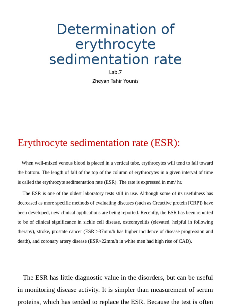 Erythrocyte Sedimentation Rate (ESR) Test | PDF | Medical Specialties ...