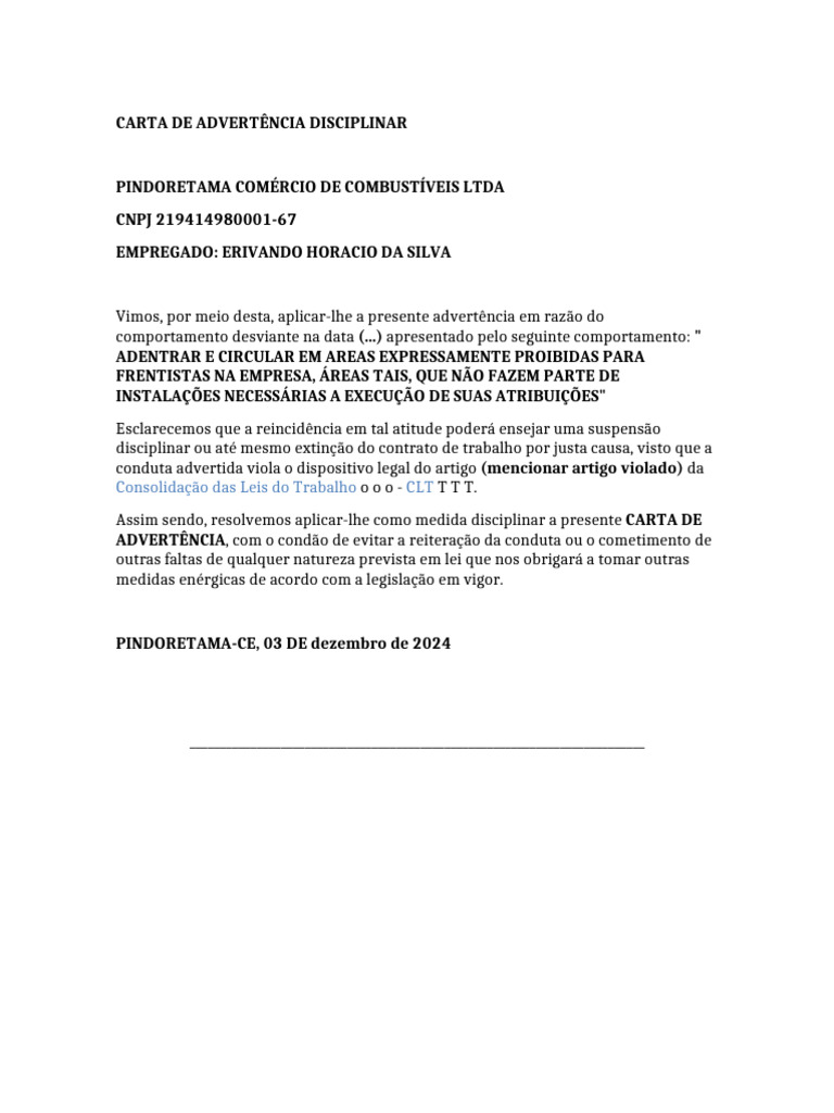 Modelo Carta de Advertencia Disciplinar | PDF