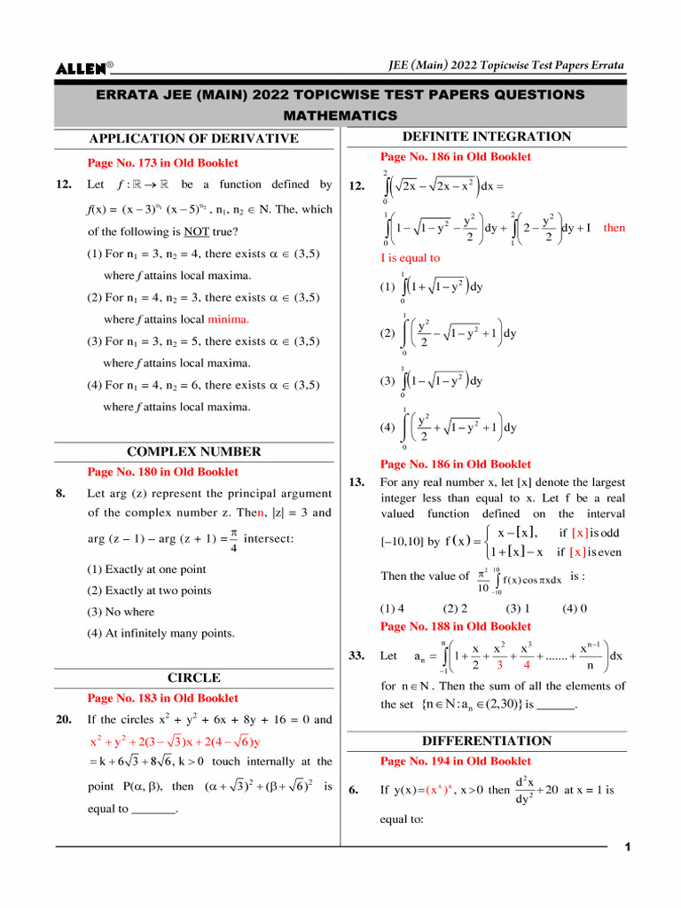 Errata Jee Main Topicwise Maths 2022 | PDF