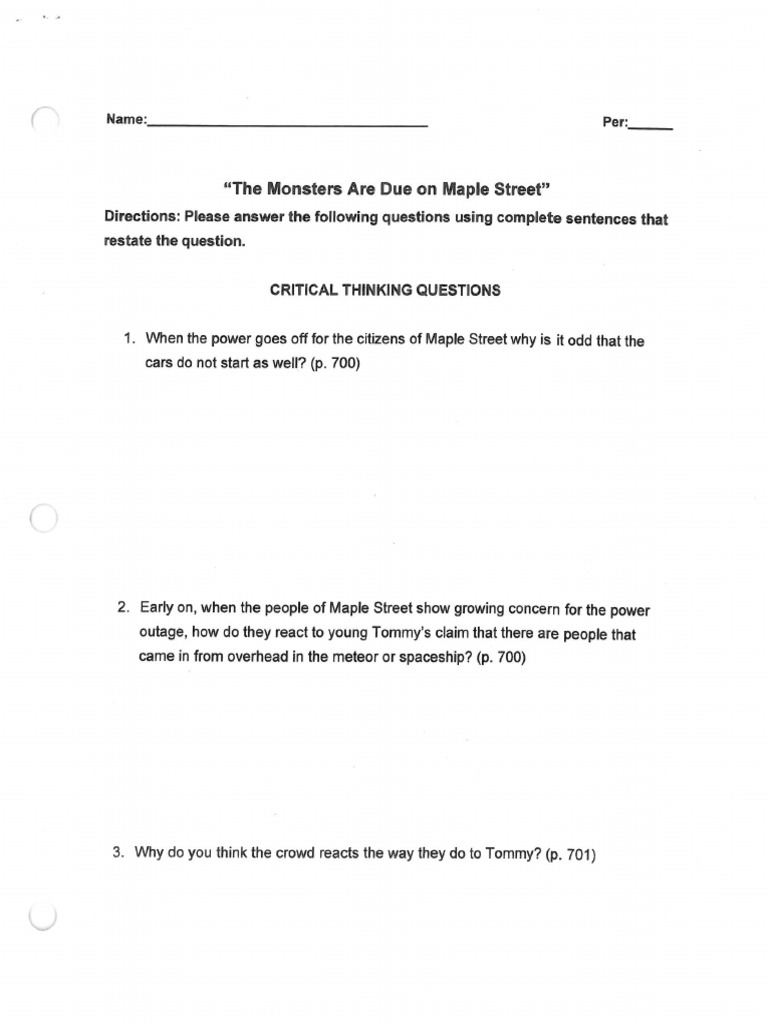 The Monsters on Maple Street Critical Thinking Questions | PDF
