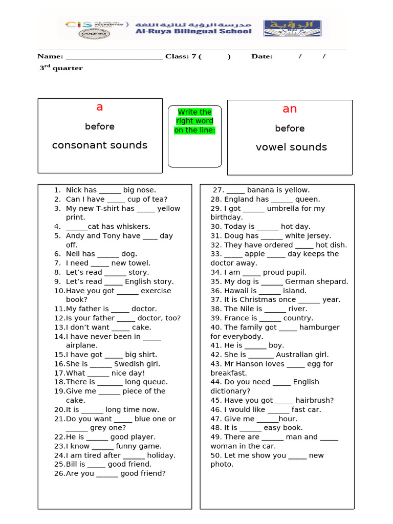 Indefinite Articles Worksheet | PDF | Linguistics | Languages