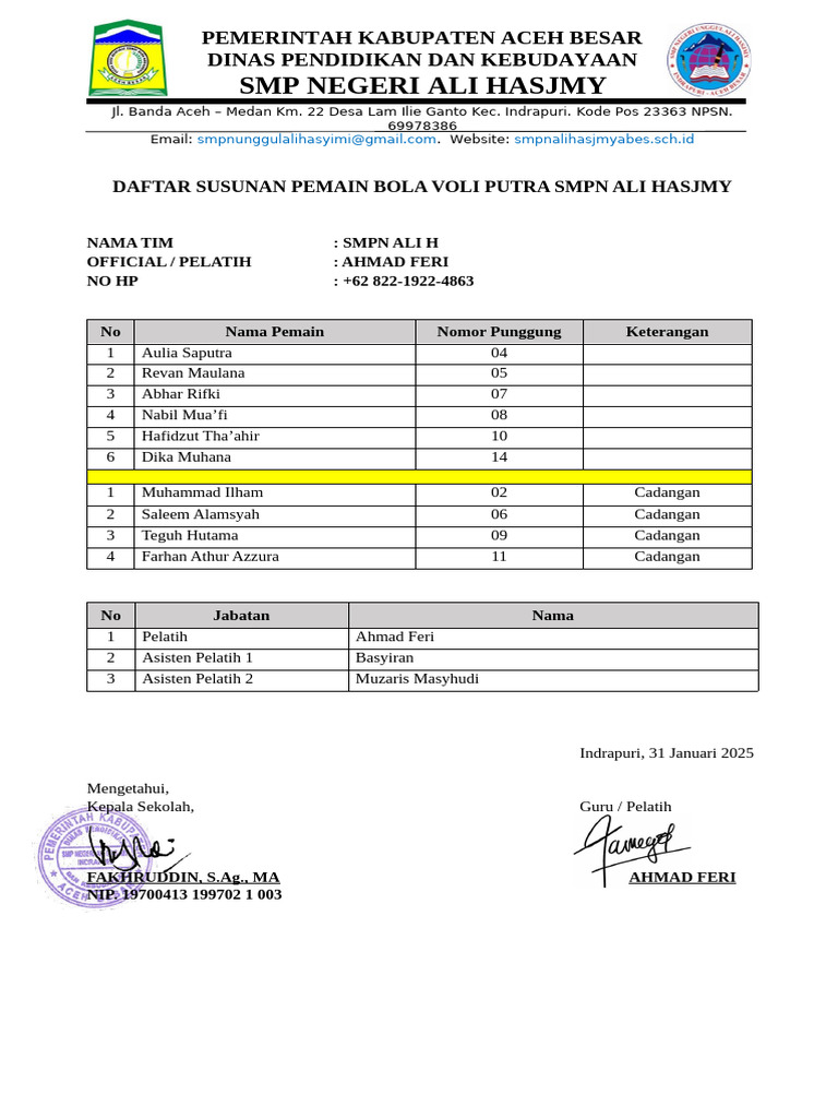 Susuna Pemain Voli Putra Mantab Fair 2025 | PDF