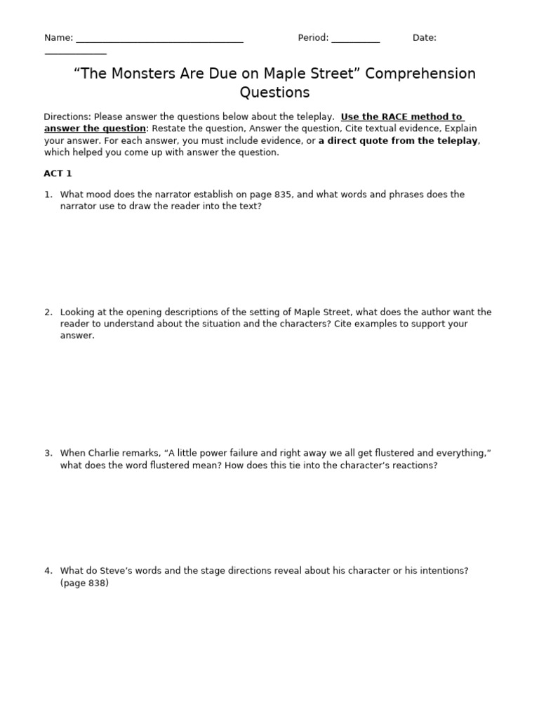 Monsters Comprehension Questions | PDF