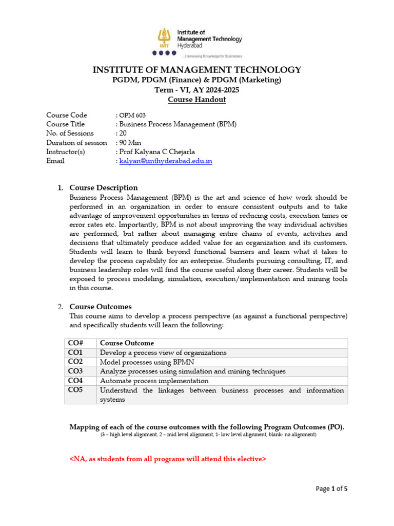 OPM 603 BPM Course Handout 2024-25 | PDF | Business Process Management | Business Process