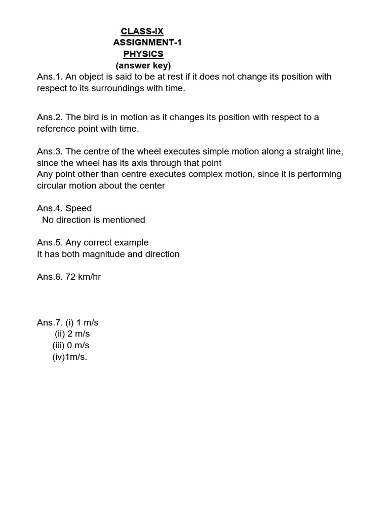 Class IX Physics Assignment Key | PDF