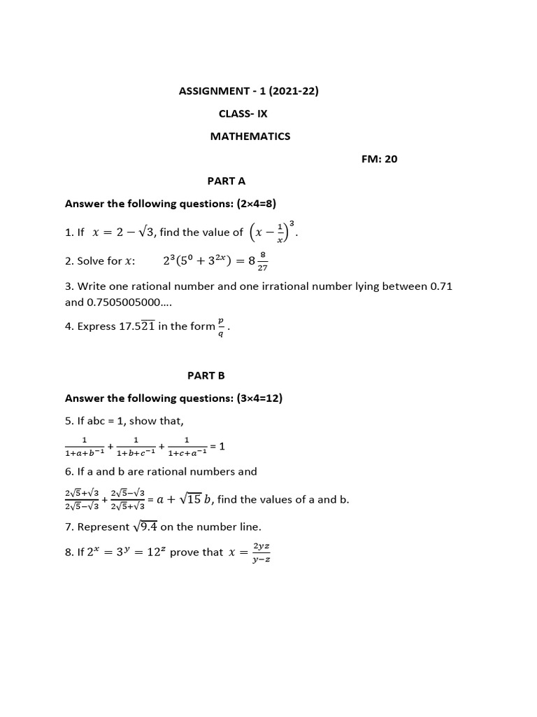 Class IX Mathematics Assignment 2021-22 | PDF