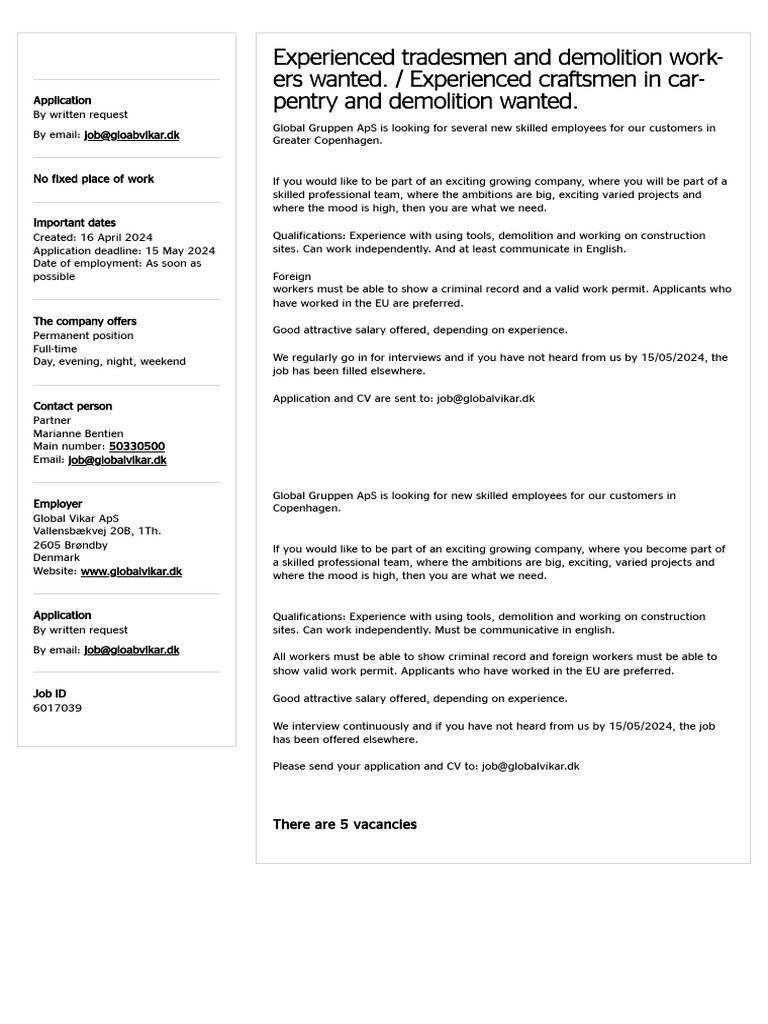 Denmark Work Job | PDF | Labor | Business