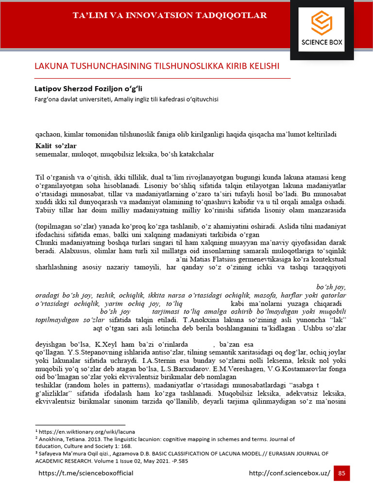 Lakuna Tushunchasining Tilshunoslikka Kirib Kelishi: Ta'Lim Va Innovatsion Tadqiqotlar | PDF