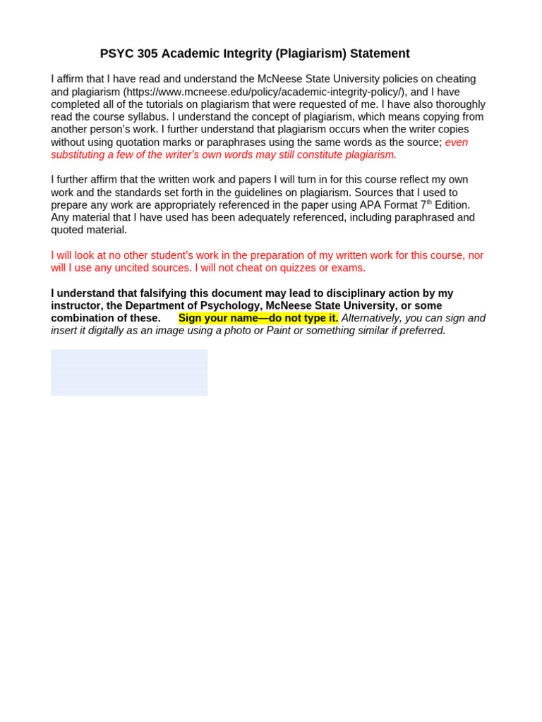 PSYC 305 Academic Integrity Plagiarism Statement | PDF | Plagiarism