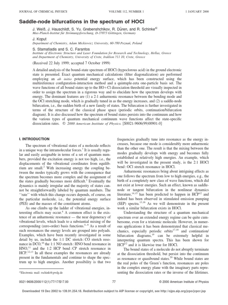 J. Weiß Et Al - Saddle-Node Bifurcations in The Spectrum of HOCl | PDF | Molecular Orbital ...