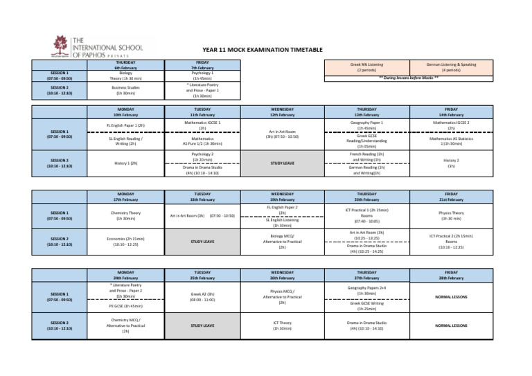 Year 11 Mock Examination Timetable | PDF