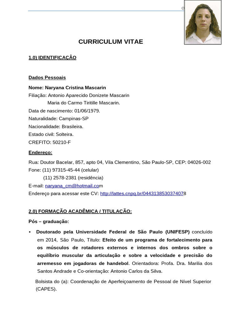 CURRICULUM VITAE (Resumido) - Naryana Mascarin | PDF | Fisioterapia | São Paulo