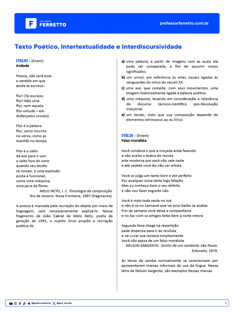 Questions Interpretacao de Texto Texto Poetico Intertextualidade e Interdiscursividade | PDF ...