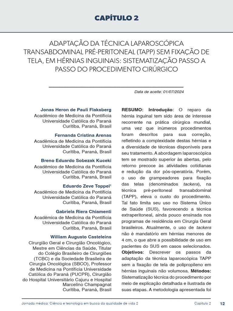 Adaptacao da Tecnica Lap para TAPP sem fixacao de tela m hernias inguinais - Sistematizacao ...