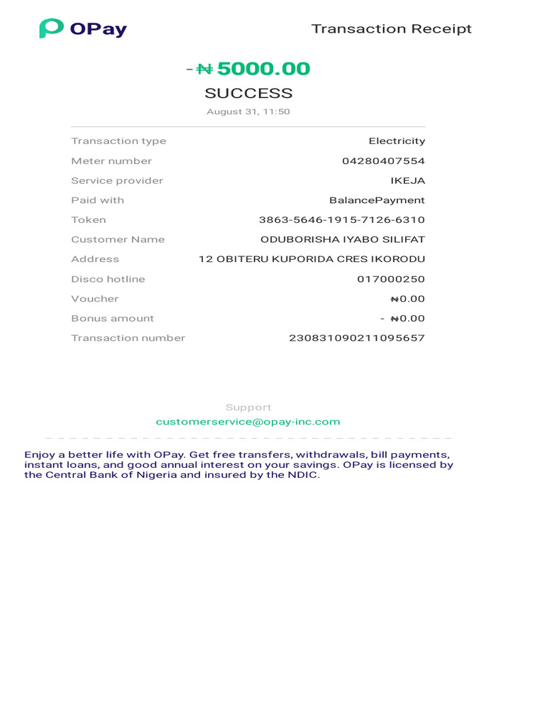 OPay Electricity Bill Receipt - August 2025 | PDF
