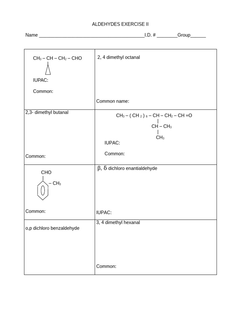 Aldehyde Naming and Structures Exercise | PDF