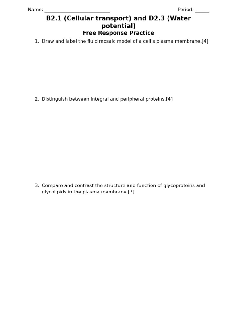 B2.1 (Cellular Transport) and D2.3 (Water Potential) Free Response Practice | PDF | Cell ...