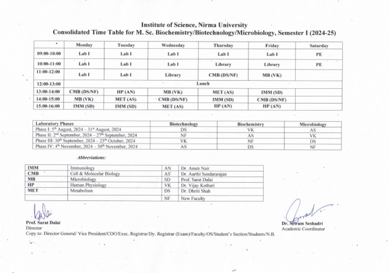 Consolidated Time Table Semester - I 2024-07-30_145557 | PDF