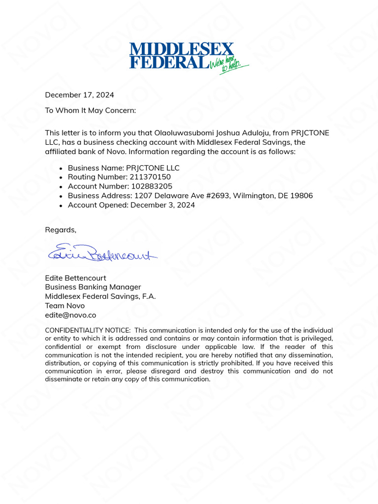 PRJCTONE LLC Bank Account Confirmation | PDF