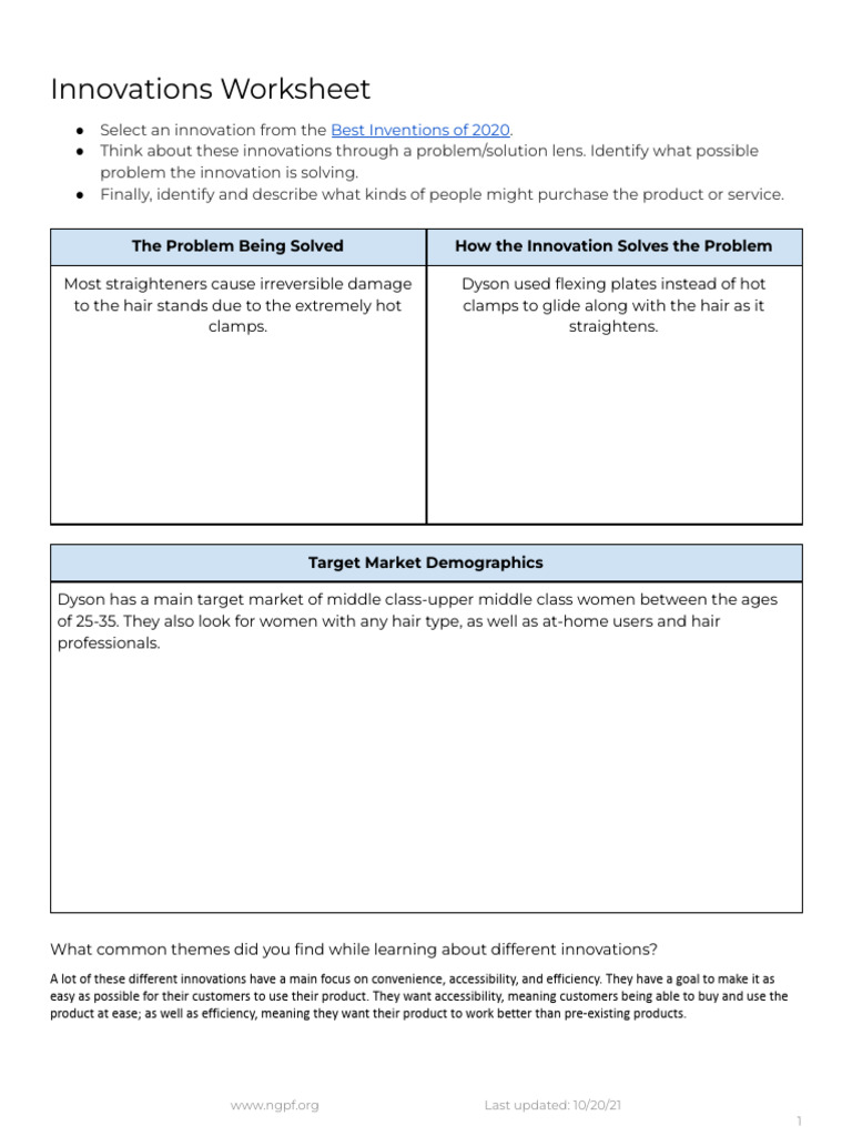 AS - Great Innovations Worksheet | PDF