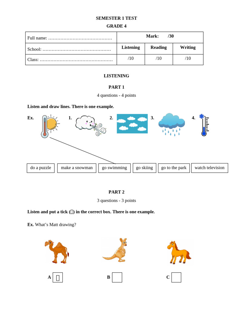 Grade 4 Semester 1 Test Template | PDF