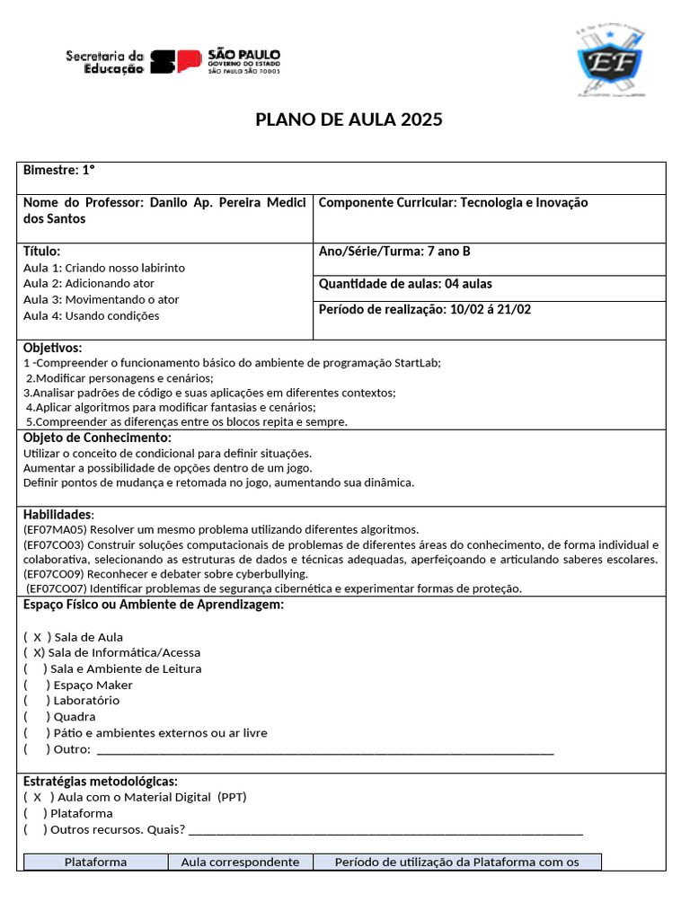 Plano de Aula Tec 10-02 A 21-02 7B | PDF | Aprendizado | Algoritmos