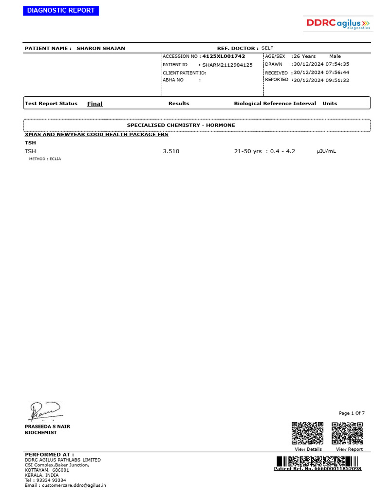 Final: Patient Name: Sharon Shajan 4125XL001742 Ref. Doctor | PDF ...