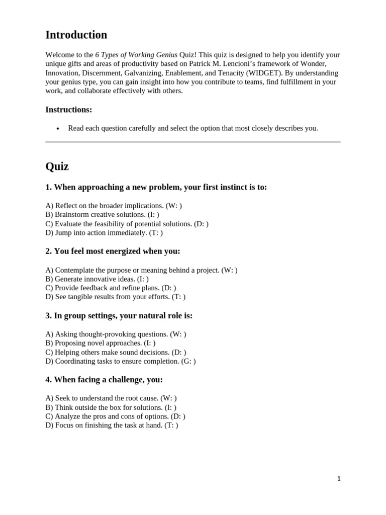 Discover Your Working Genius Type Quiz | PDF | Creativity | Brainstorming