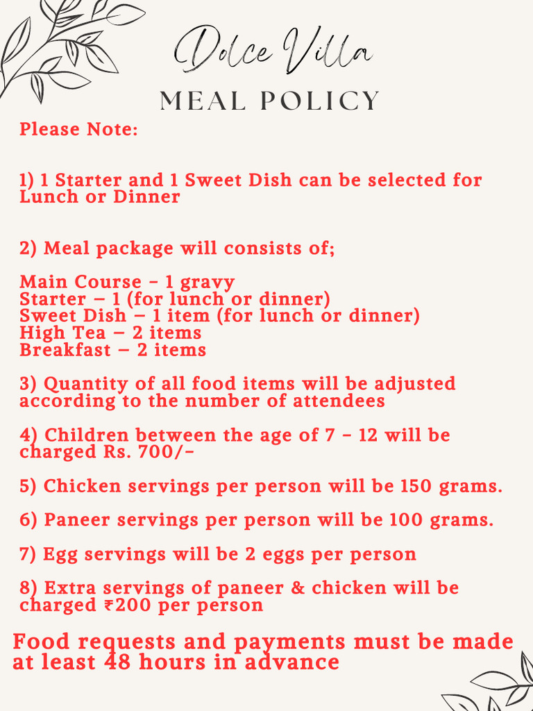 Dolce Villa Menu Overview | PDF | Meal | Lunch