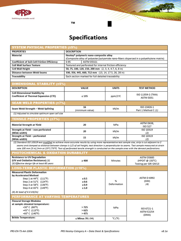 PRS Geotech Data Spec Neoloy Category A V8.1a | PDF | Materials | Mechanical Engineering