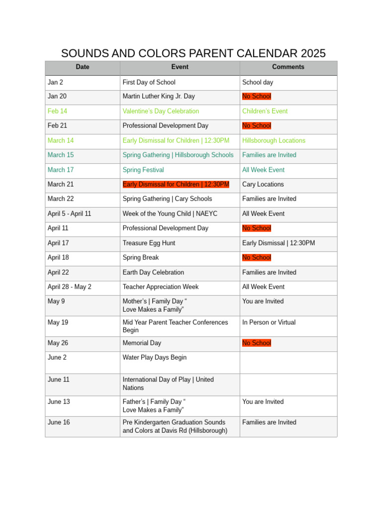 2025 Sounds and Colors Parent Calendar | PDF | Entertainment Events ...