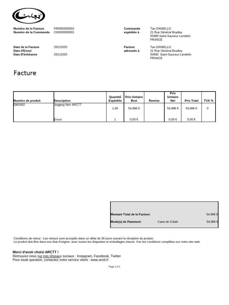 Facture ARCTT pour Tao Daniello | PDF | Facture