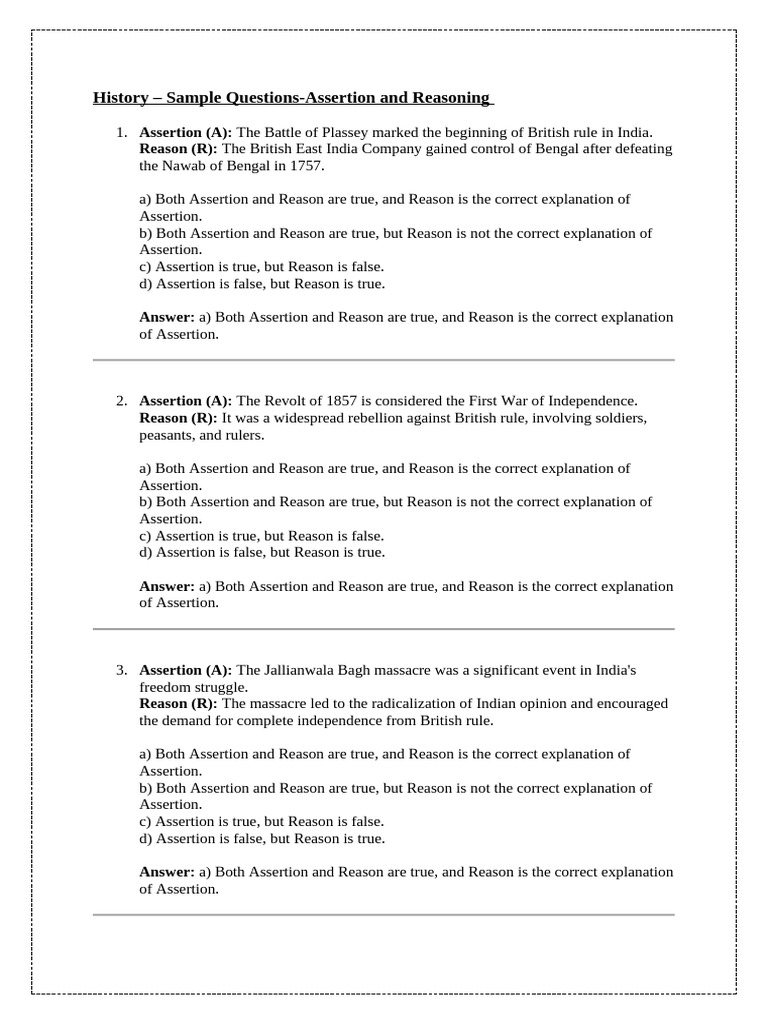History MCQS Assertion and Reasoning | PDF | British Raj | Indian ...
