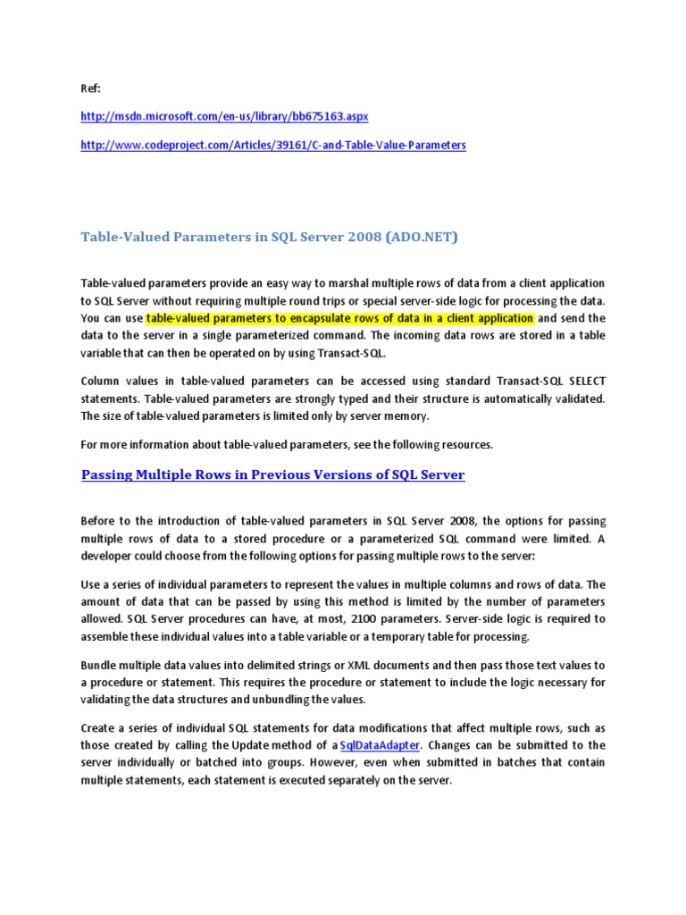 Table Value | PDF | Parameter (Computer Programming) | Microsoft Sql Server