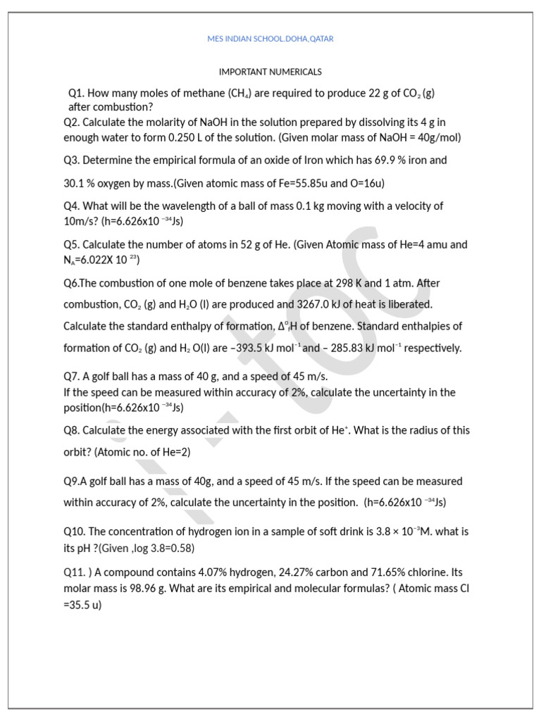 Important Numericals Grade 11 Annual2024 | PDF | Hydrogen | Mole (Unit)