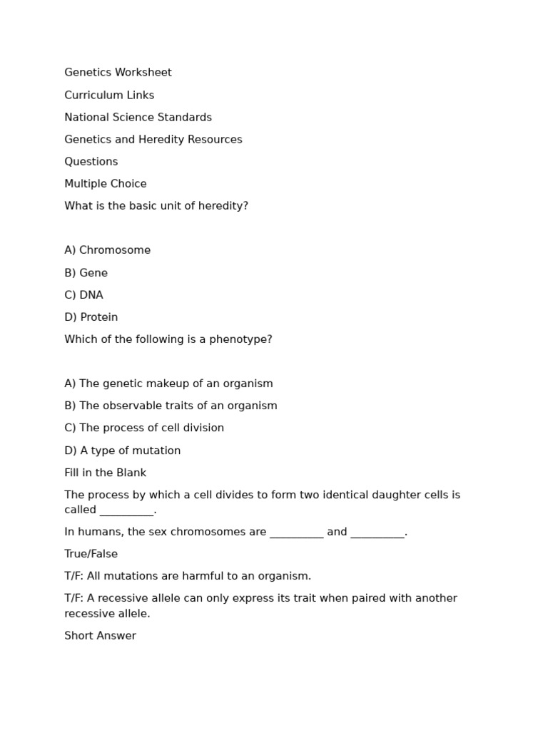 Genetics Worksheet and Activities Guide | PDF