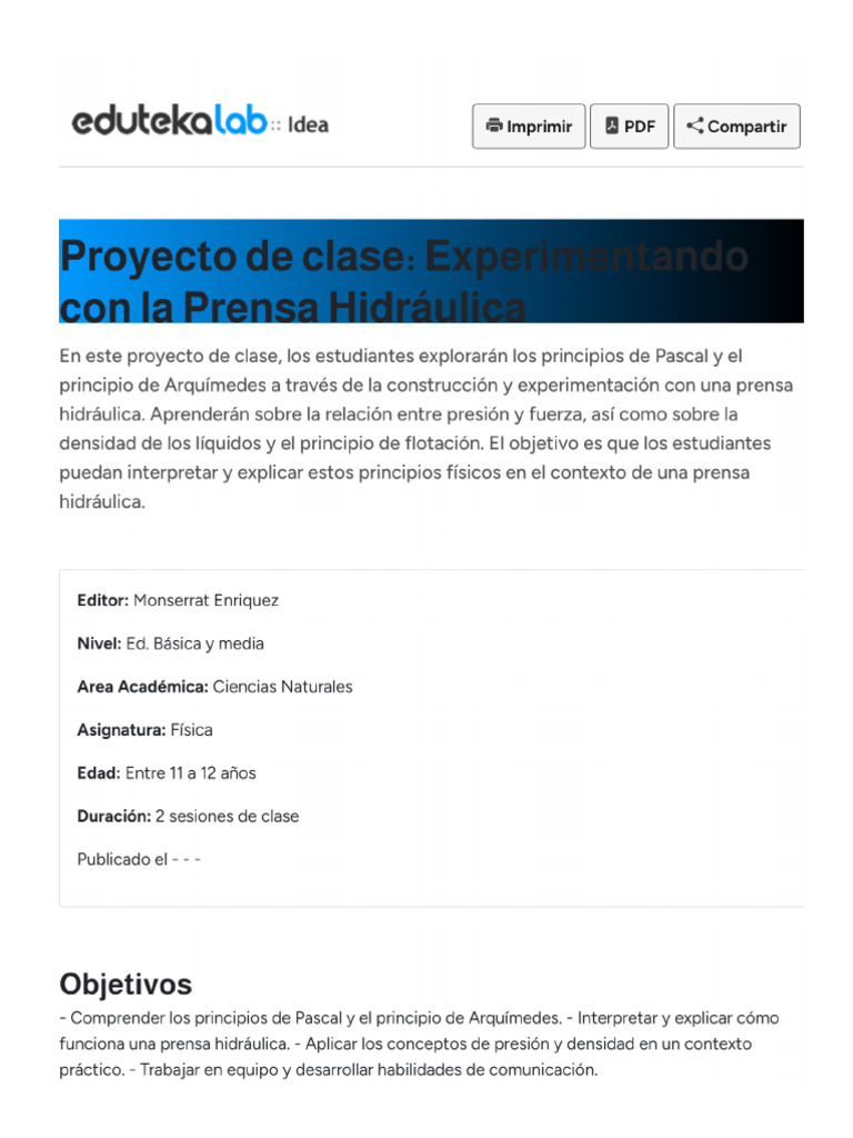 Proyecto de Clase - Experimentando Con La Prensa Hidráulica | PDF