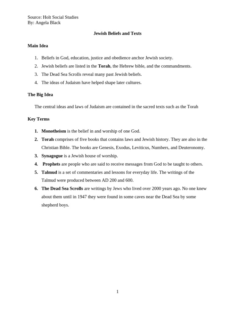 Jewish Beliefs and Texts Main Idea | PDF | Hebrew Bible | Torah