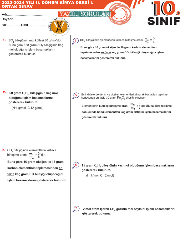 SINIF MEB KİMYA 1. SINAV 2023-2024 Kopyası 2 | PDF