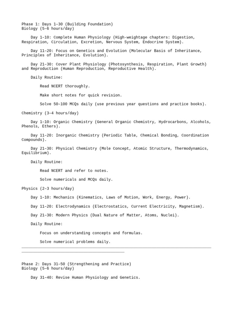 neet study plan | PDF | Chemistry | Physics