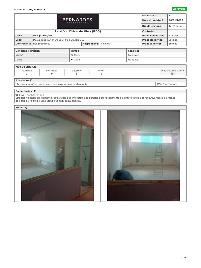 Relatório Diário de Obra (RDO) n° 8 - 14-01-2025 | PDF