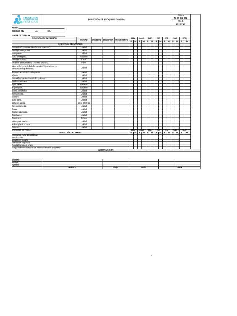 Inspeccion de Botiquin y Camilla | PDF