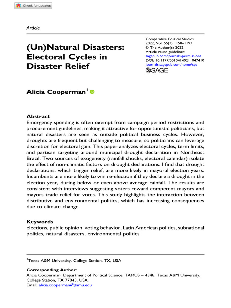 (Un)Natural Disasters Electoral Cycles in Disaster Relief | PDF ...