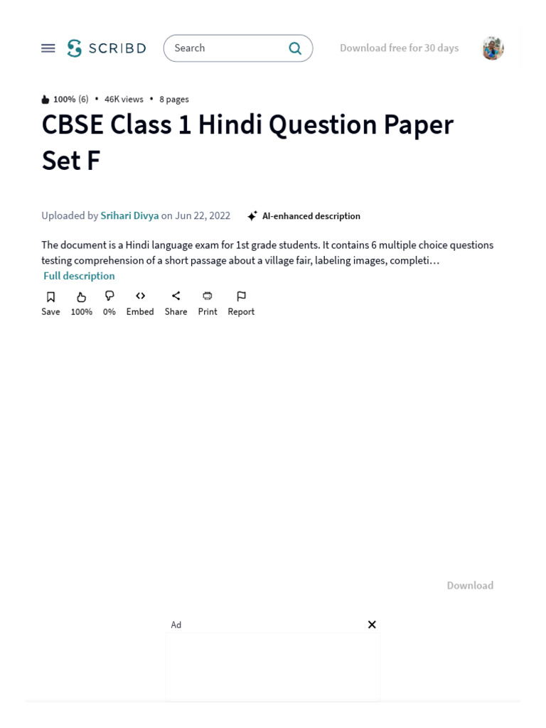 CBSE Class 1 Hindi Question Paper Set F _ doc | PDF | Scribd