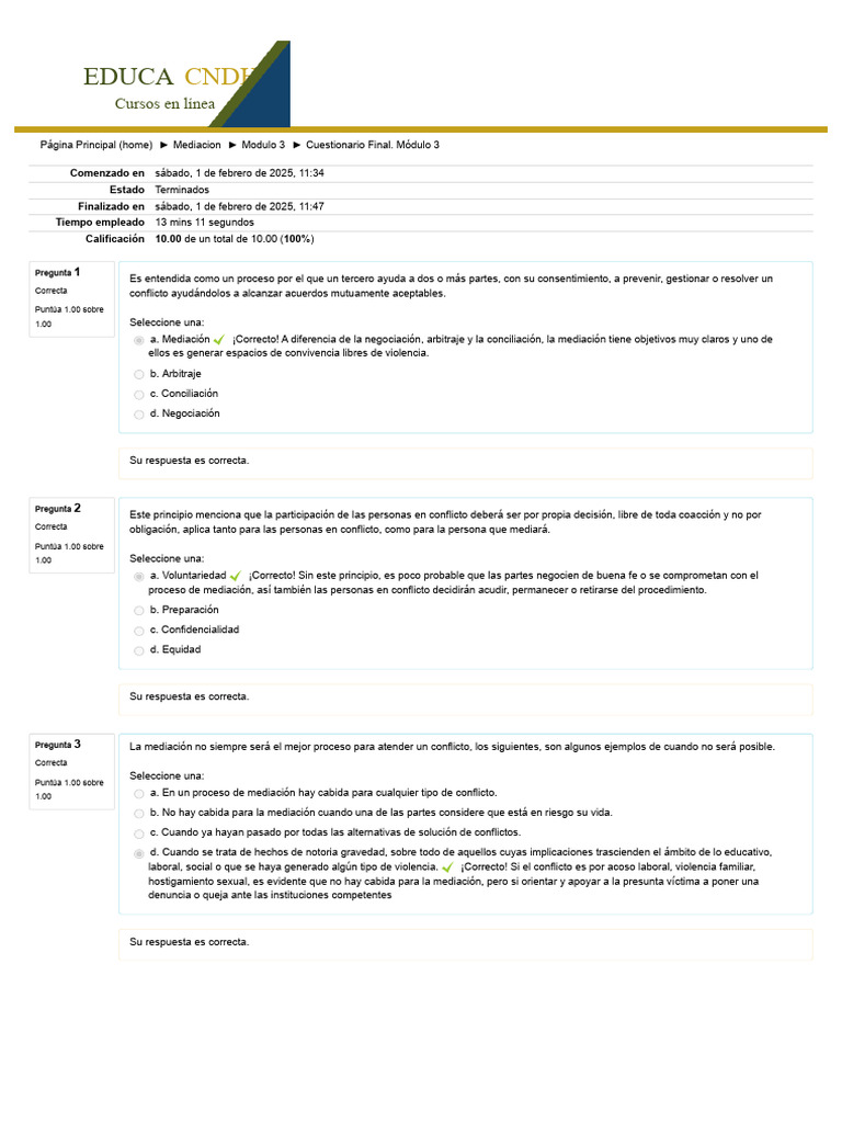 Cuestionario Final. Módulo 3 Mediacion y Resolucion Pacifica de Conflictos | PDF | Mediación ...