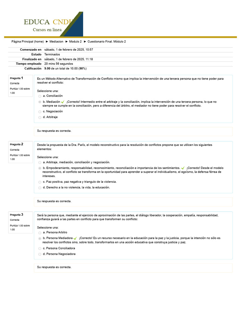 Cuestionario Final. Módulo 2 Meditacion y Resolucion Pacifica de ...
