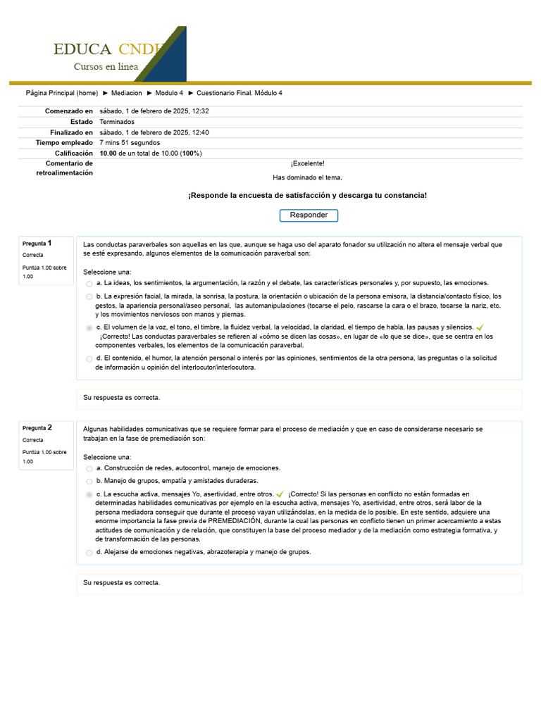 Cuestionario Final. Módulo 4 Mediacion y Resolucion Pacifica de ...