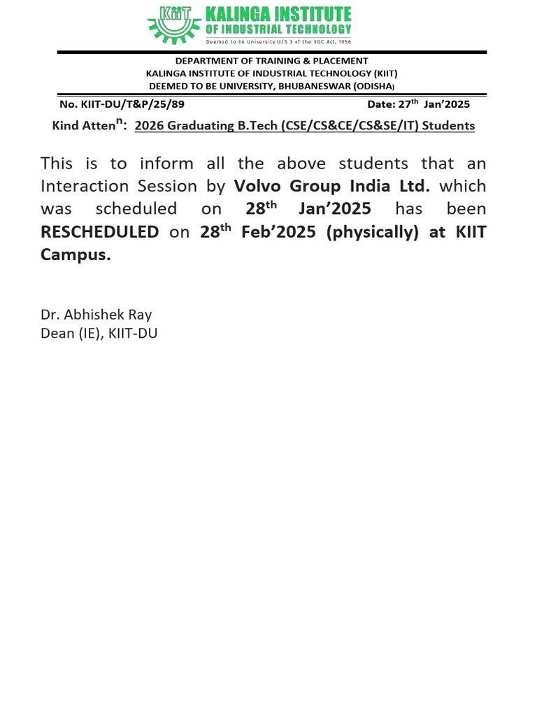 Rescheduled Notice - Volvo Group Interaction Session - 2026 Graduating Batch | PDF