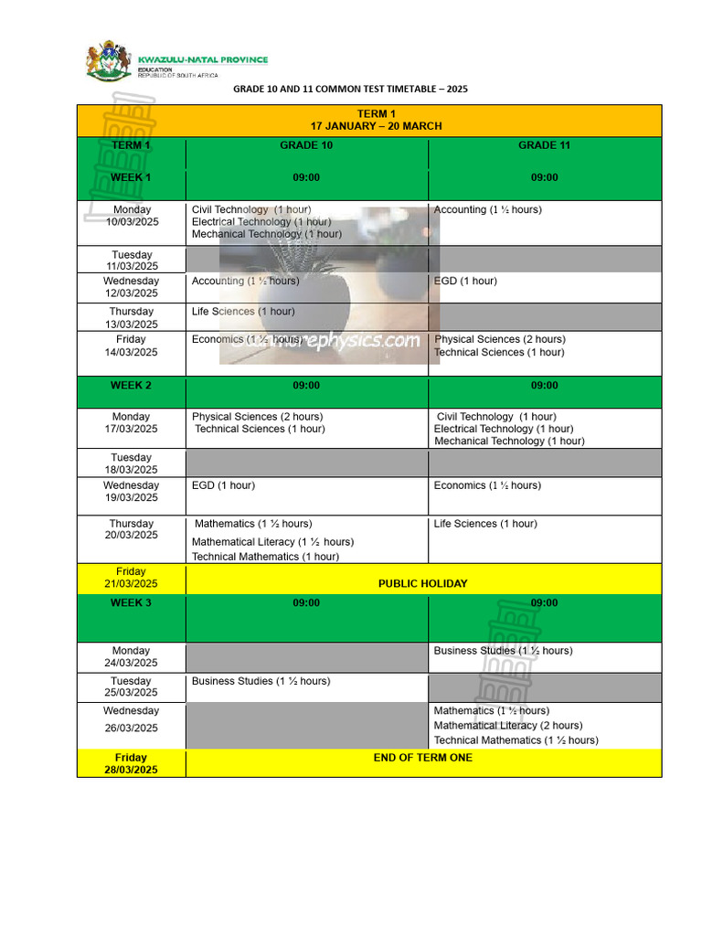 KZN Common Test Timetable 2025 For Grades 10 11 and 12 | PDF | Science